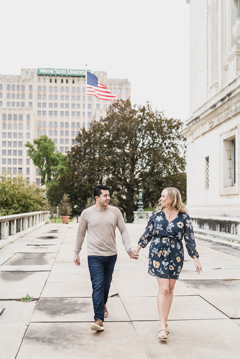 a fall engagement session in detroit at the library and dia by kari dawson